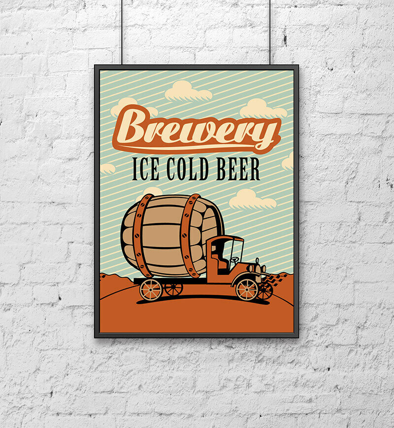 Постеры для интерьера на стену (30х40 см). Ретро авто пивоварня (Brewery Ice Cold) / постеры картины для интерьера, постеры для интерьера, постер на стену, картина на стену, картина на кухню, плакат, декор и интерьер