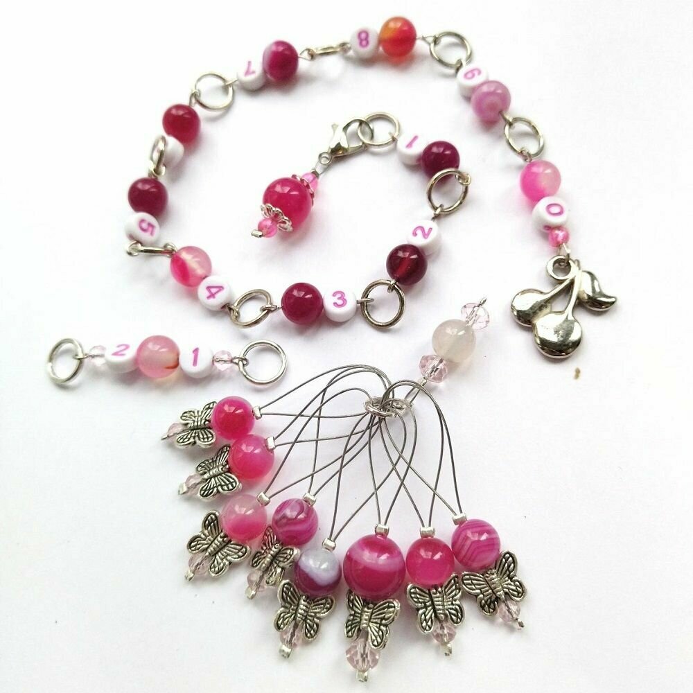 Счетчик рядов для вязания спицами плюс 8 маркеров на тросике. бусины натуральный агат.