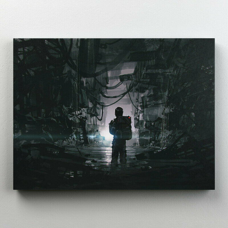Интерьерная картина на холсте "Человек исследует обломки космического корабля" размер 60x45 см