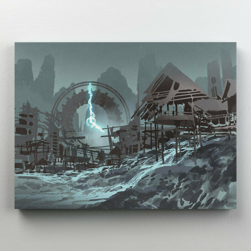 Интерьерная картина на холсте "Электрические часы в разрушенном городе" размер 40x30 см