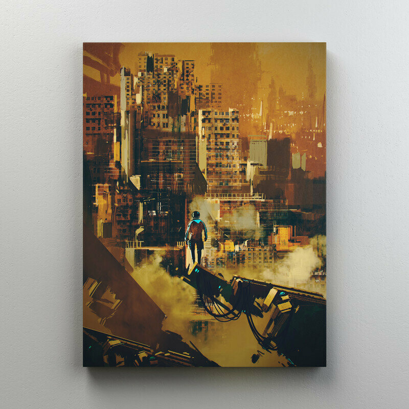 Интерьерная картина на холсте "Человек, стоящий на футуристическом городе" размер 22x30 см