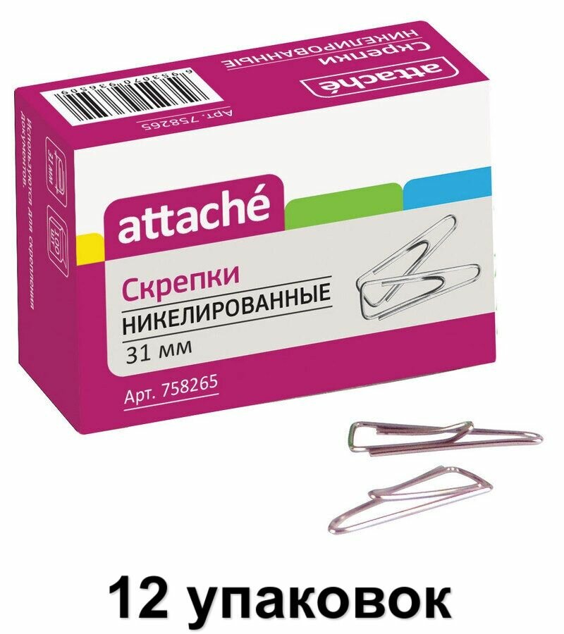Attache Скрепки Никелированные, 31 мм, 100 шт, 12 уп