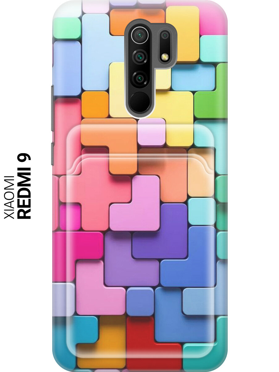 Чехол с карманом для карт на Xiaomi Redmi 9, Сяоми Редми 9 с принтом "Паттерн из блоков"