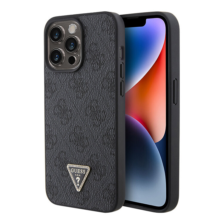 Guess чехол для iPhone 15 Pro Max, PU кожа 4G Triangle Diamond metal logo черный