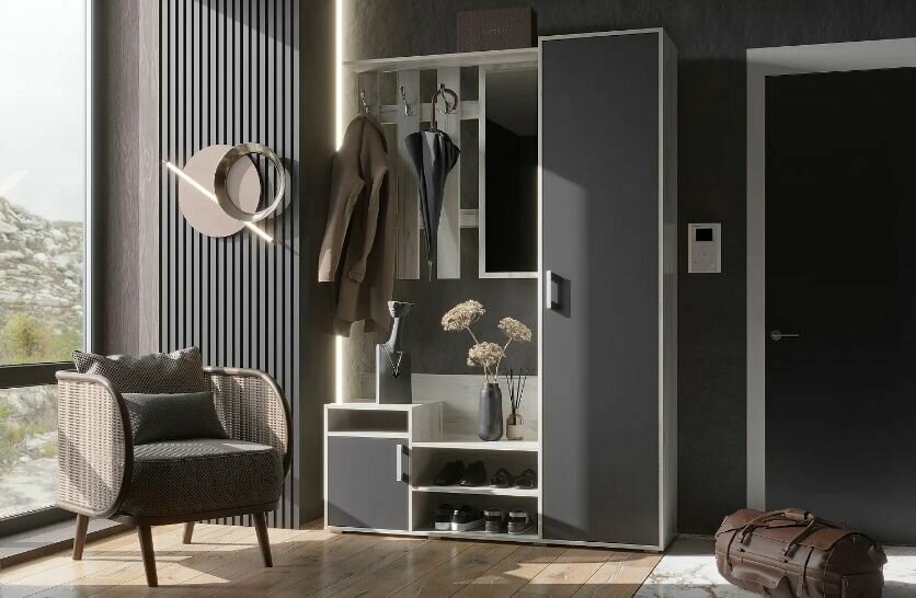 Прихожая МиФ "Визит", ЛДСП, с зеркалом, со штангой, для обуви, вешалка, 144х205,2х40 см