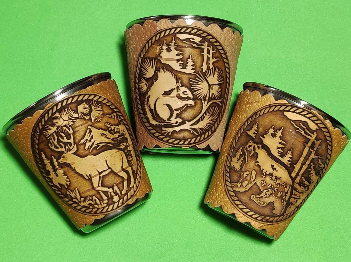 Стопки "23 февраля. Охотнику. Животный мир." 70 мл. Набор 3 шт. Нержавеющая сталь/береста. Подарок для мужчины