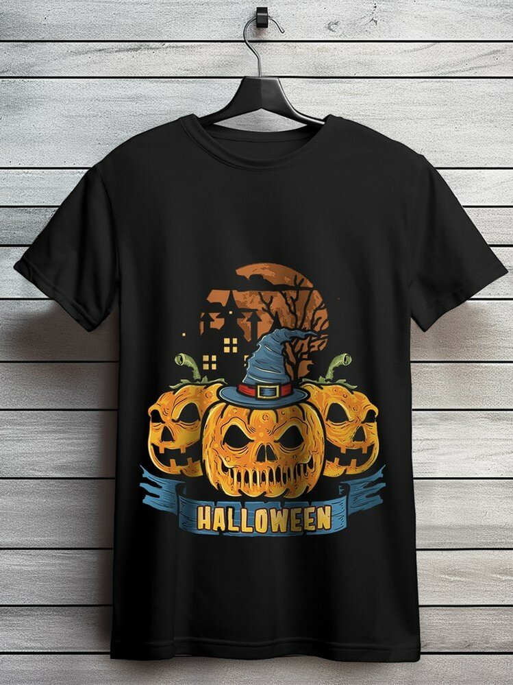 Футболка Футболка унисекс черная из хлопка с DTF принтом хеллоуин шляпа ( тыква, Helloween, хоррор, осень, замок) - 8431