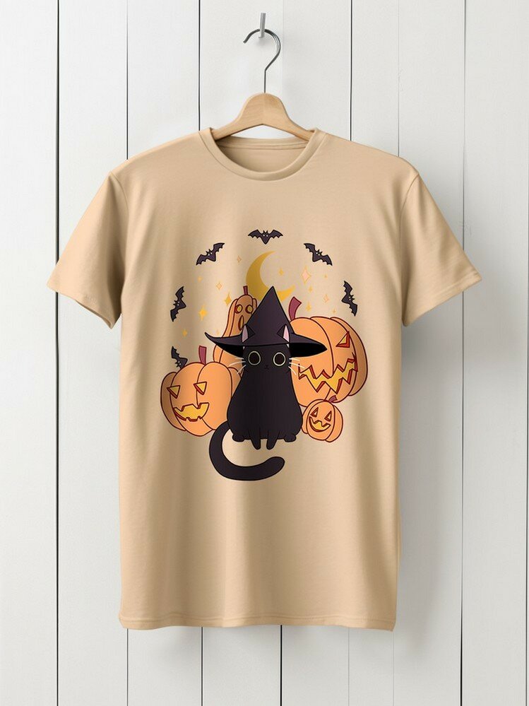 Футболка Футболка унисекс бежевая из хлопка с DTF принтом Хеллоуин Котик и тыквы (осень, подарок, Helloween) - 9403
