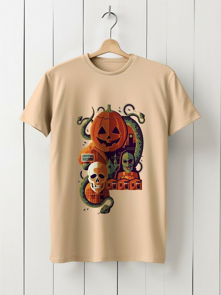 Футболка Футболка унисекс бежевая из хлопка с DTF принтом хеллоуин тыква (змея, Helloween, хоррор, осень) - 8409