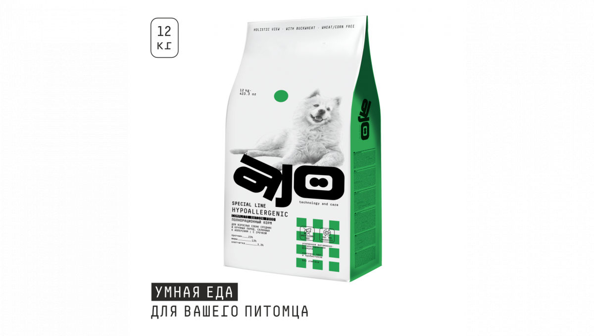 Сухой корм AJO "Hypoallergenic", для собак, гипоаллергенный, с гречкой, 12 кг