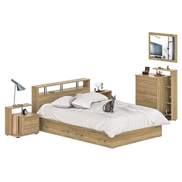 Спальня Камелия № 12 Кровать с ящиками 1400 + Две тумбы + Комод + Зеркало, цвет дуб сонома, сп. м. 1400х2000 мм, б/м, основание есть