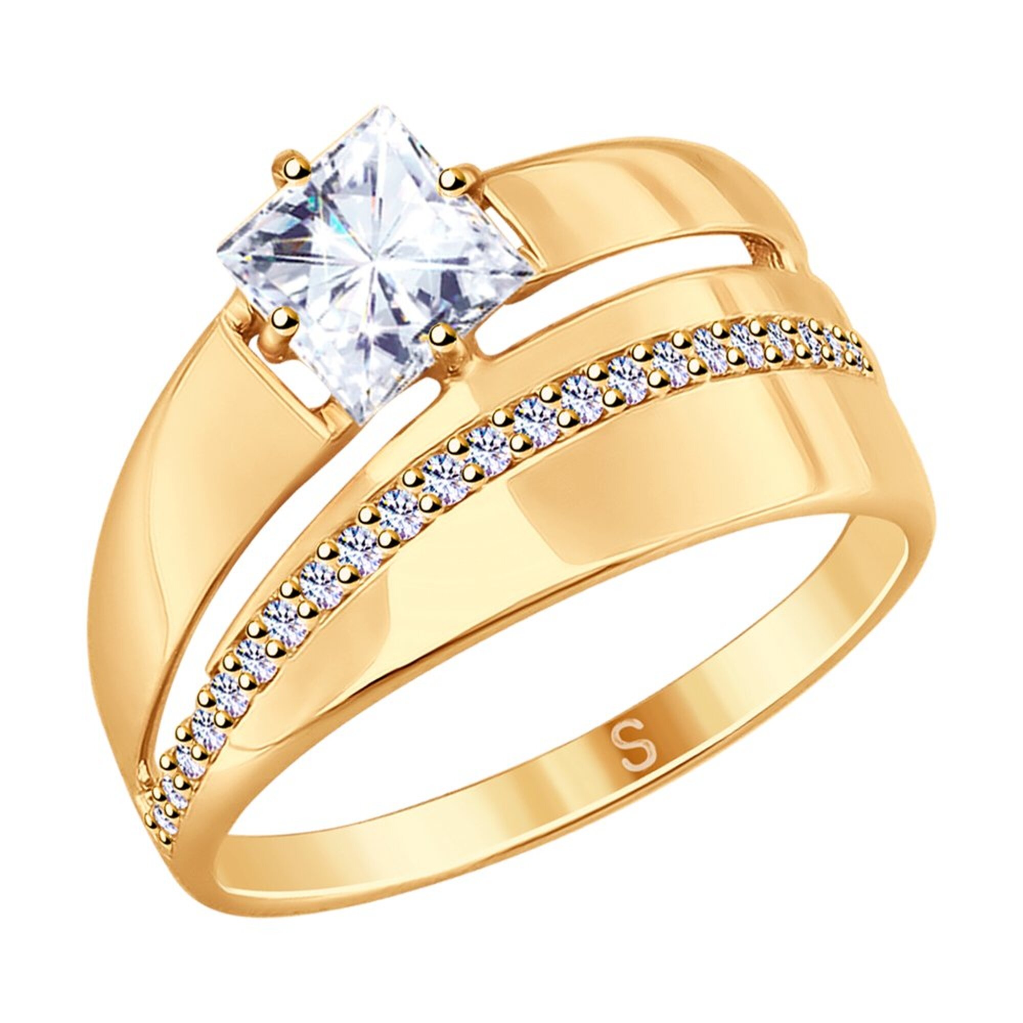 Кольцо широкое, серебро, 925 проба, золочение, фианит