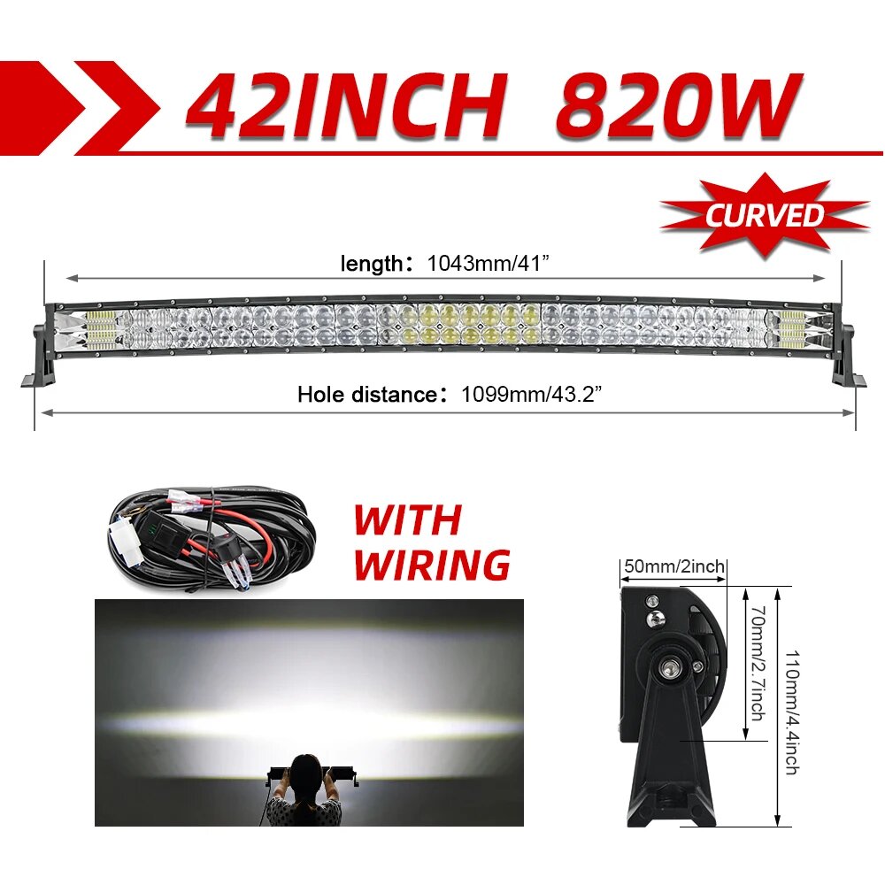 CO LIGHT 52" Светодиодная панель 1020W Светодиодные рабочие фары 12V 24V Spot Flood Combo Beam для грузовика, трактора, внедорожника 4X4 4WD Offroad Barra Light 42 Curved with Wire