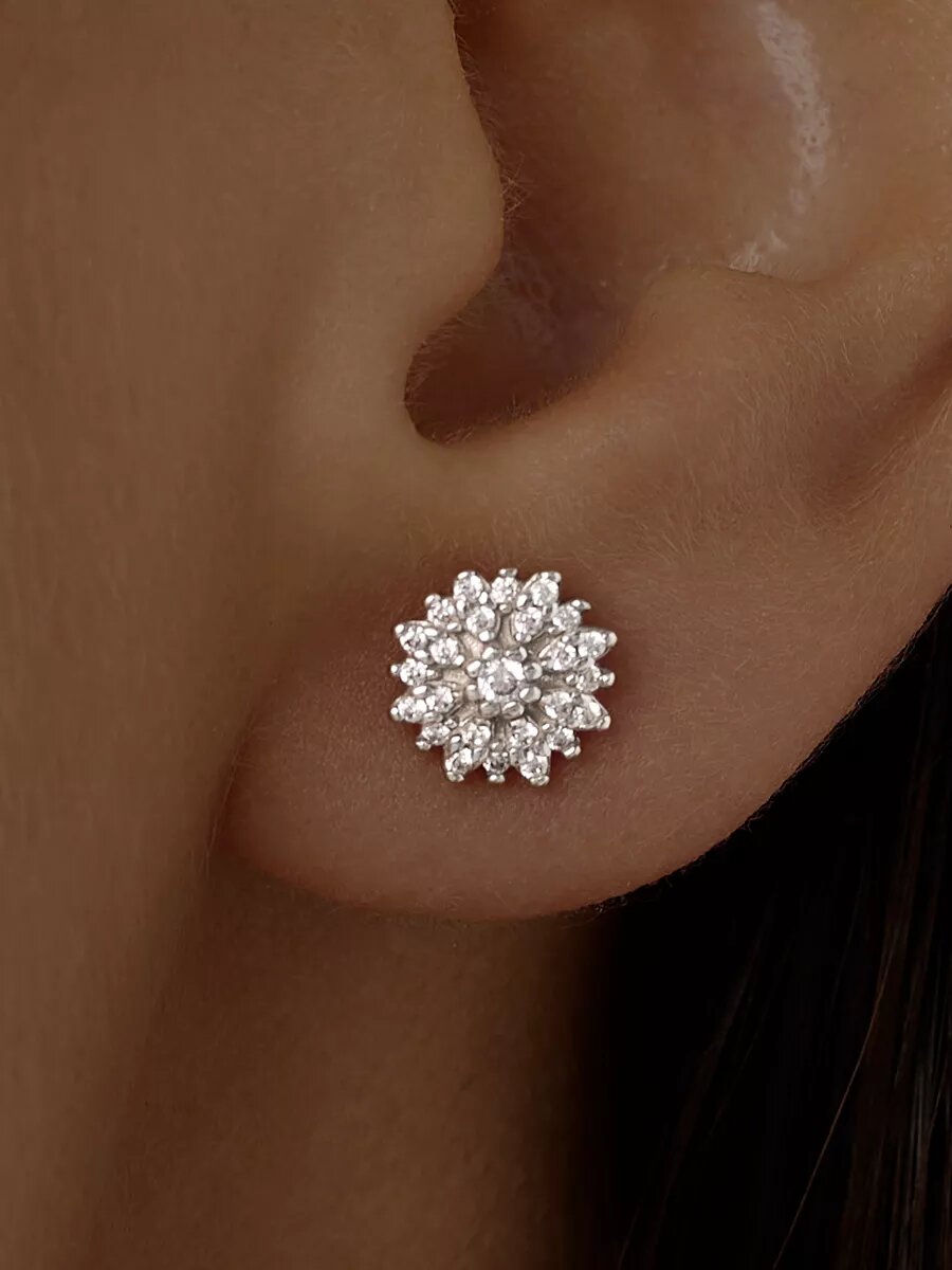 Серьги пусеты, серебро, 925 проба, родирование, фианит