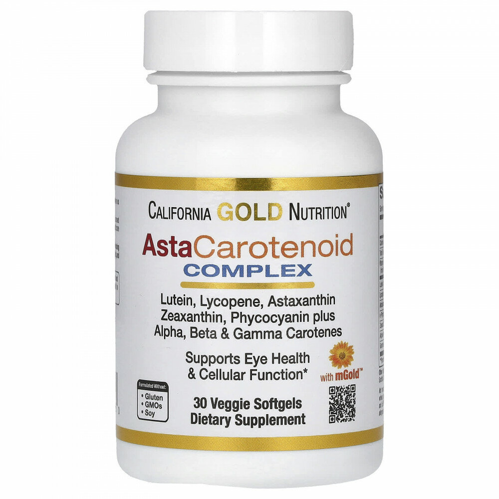 California Gold Nutrition, AstaCarotenoid, комплекс с лютеином, ликопином, астаксантином и витамином A, 30 вегетарианских капсул