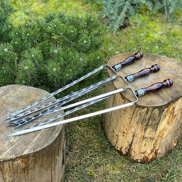 Шампуры двойные 3шт, нержавеющая сталь, деревянные ручки, 60см