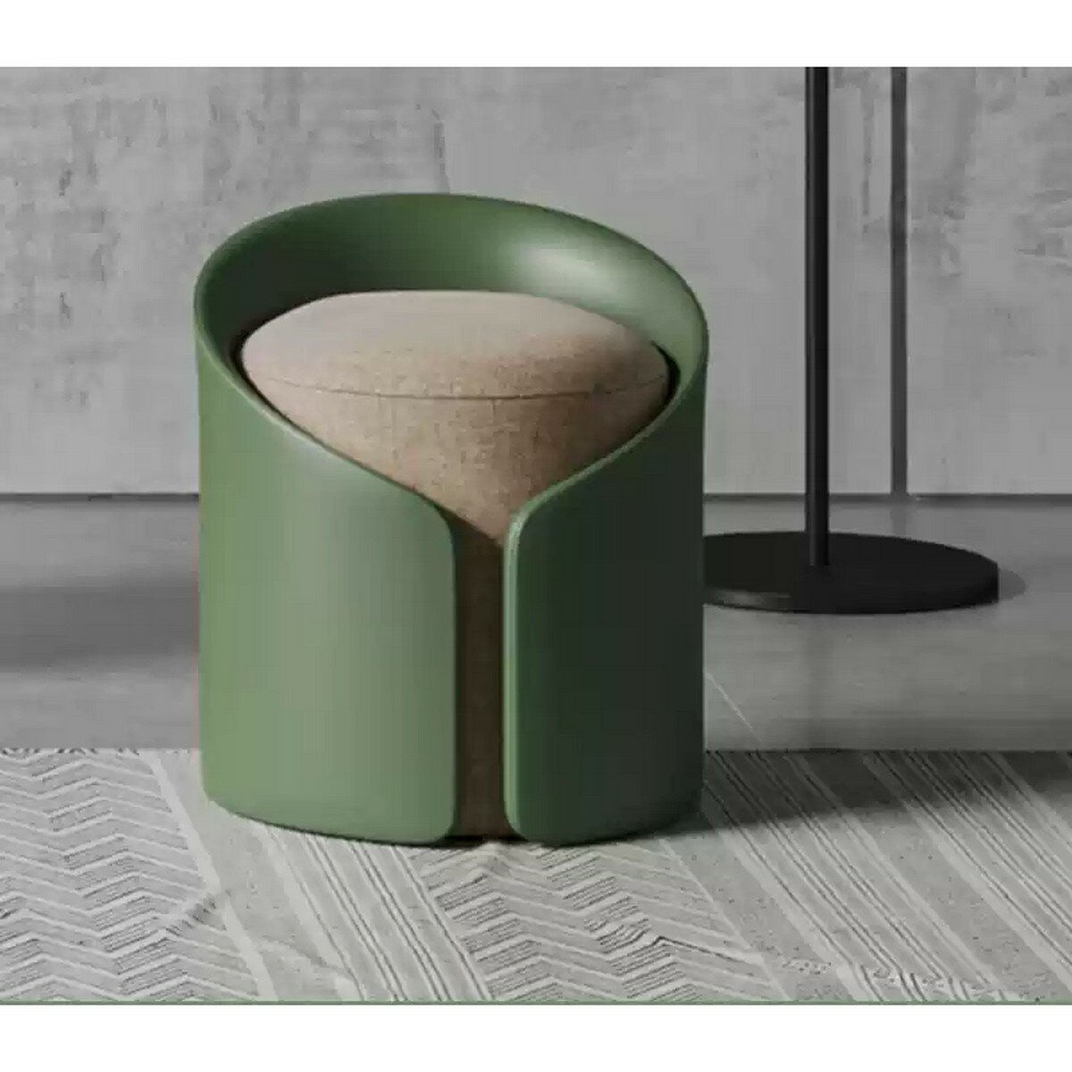 Современный круглый пуфик Sarsei обитый экокожей с мягким сиденьем (оливковый + серый хлопок)