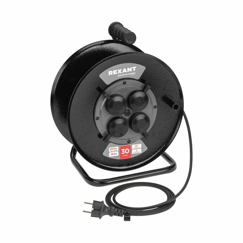 Удлинитель силовой КГ на катушке 4 гнезда, с/з, 30м, 3х1,5мм , IP44 c защитными крышками, металлическая катушка REXANT