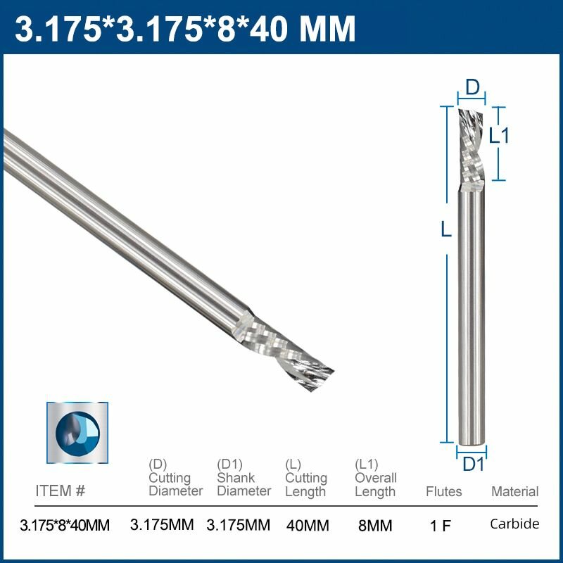 Фреза спиральная однозаходная XCAN, 3,175х3,175х8х40 мм, по дереву, левая