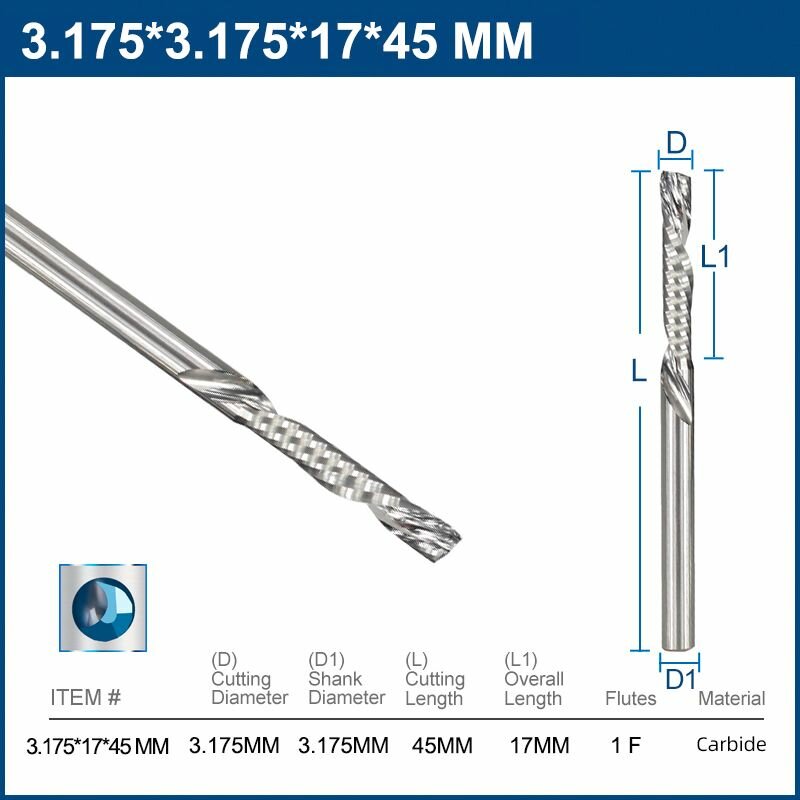 Фреза спиральная однозаходная XCAN, 3,175х3.175х17х45 мм, по дереву, левая