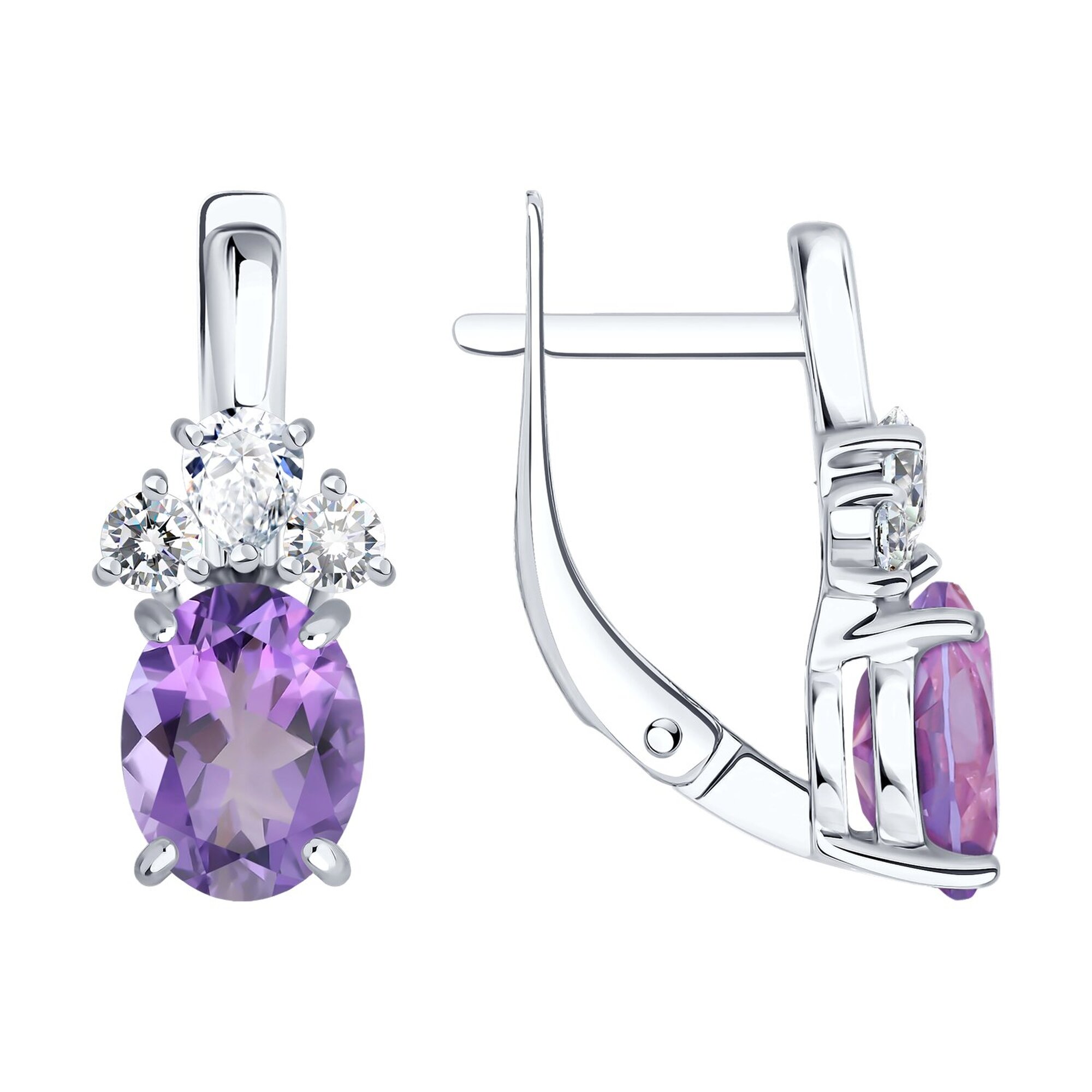 Серьги, серебро, 925 проба, родирование, фианит, аметист