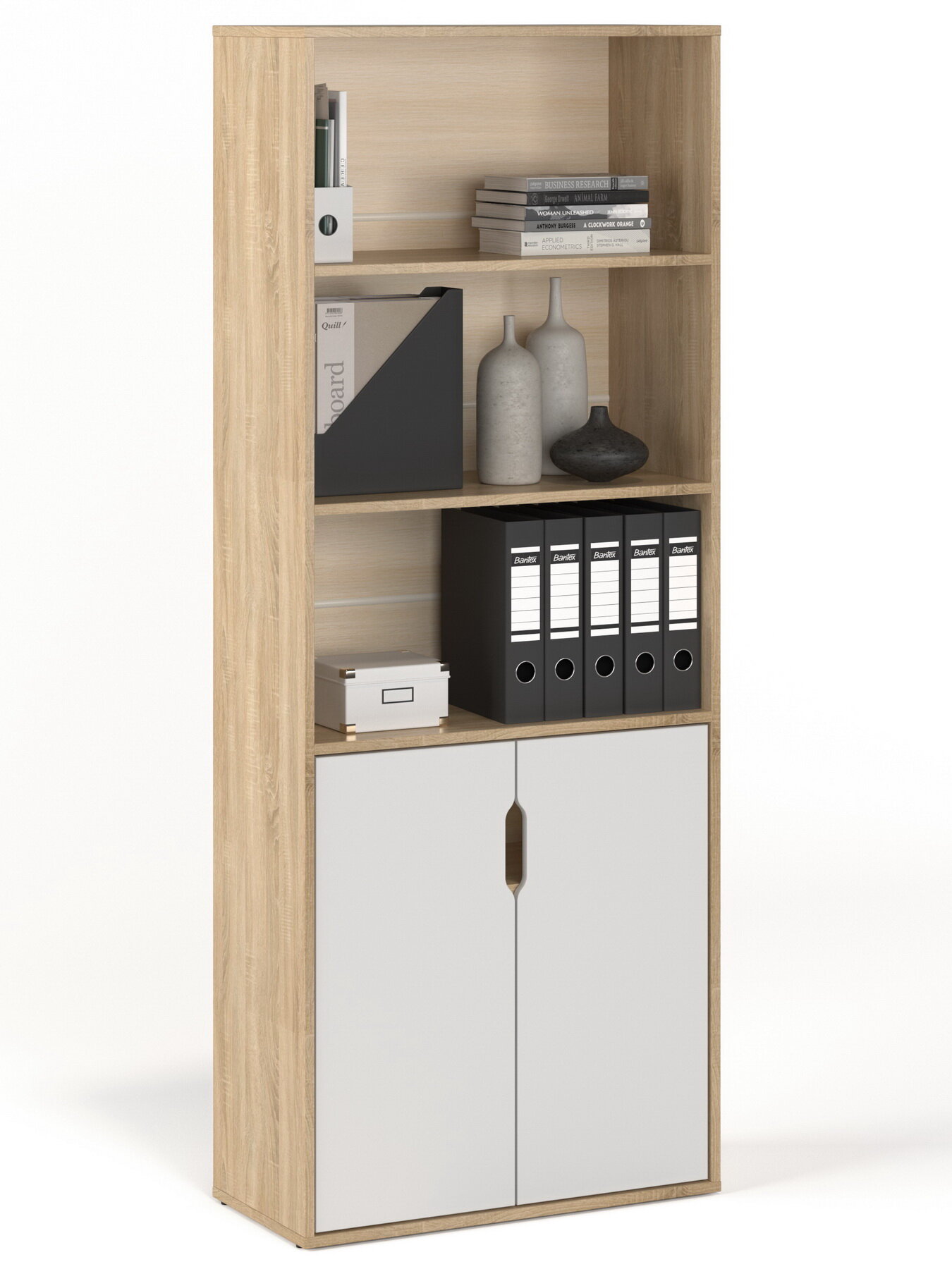 Стеллаж БАНГА-26 Дуб Сонома - Белый, с дверками и отрытой полкой, (ВхШхГ) 177,2х69,8х32,6 см, ЛДСП