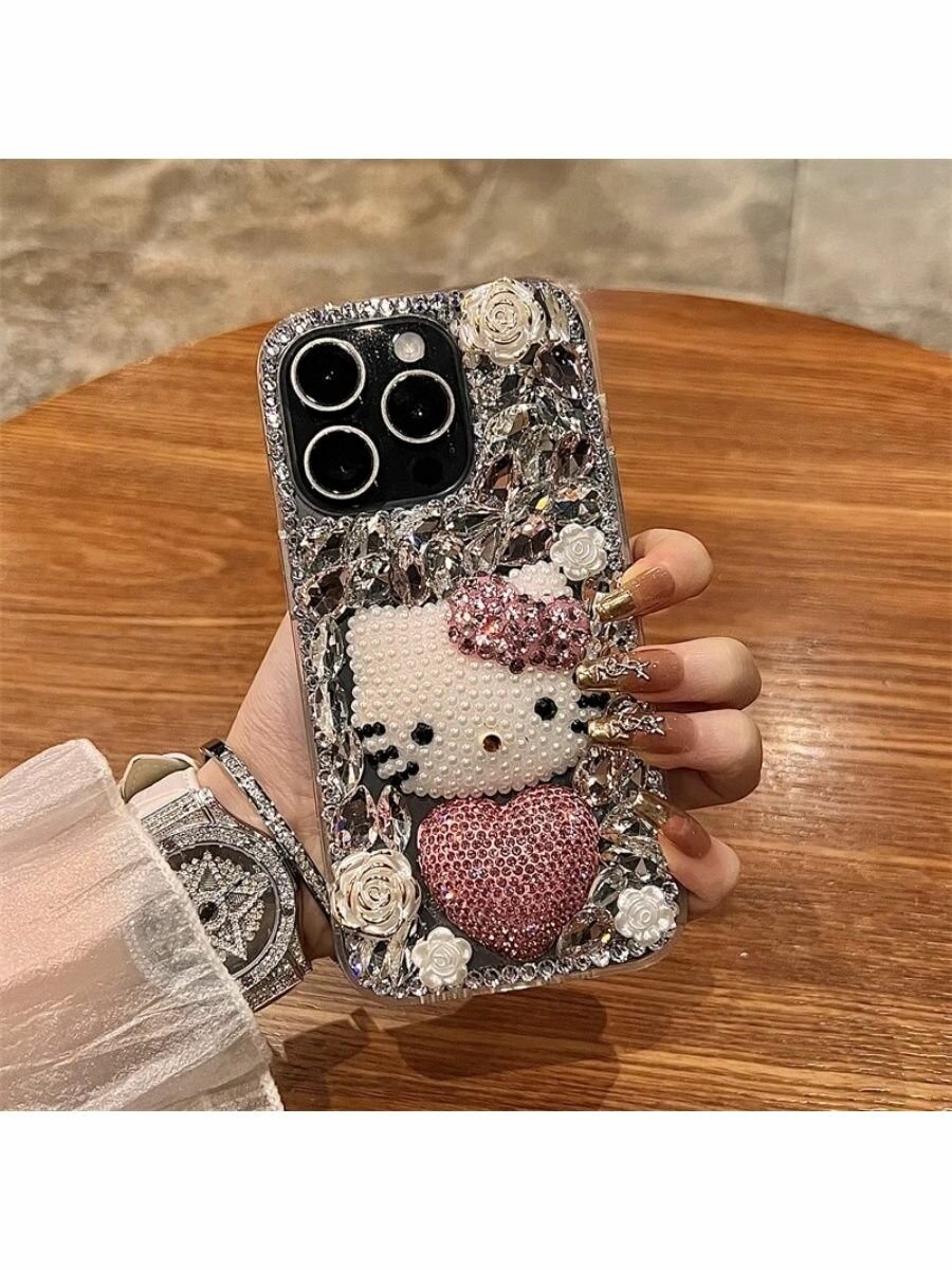 Чехол для iPhone 14 Pro Max (айфон 14 про макс) Hello Kitty Привет Китти , Luxury 3D с бриллиантовым кристаллом/Сверкающий стразами/Просто и стильно(серебристый)