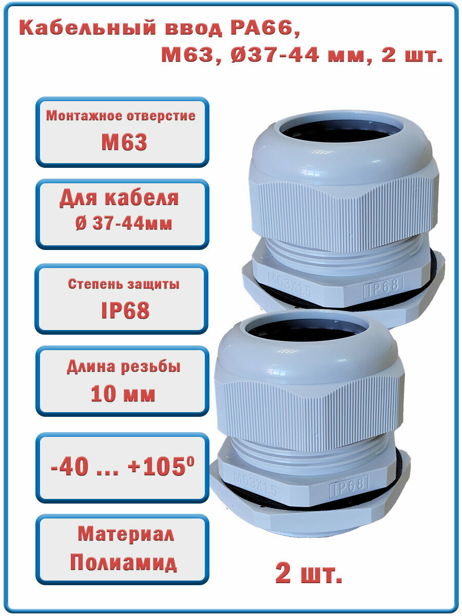 Кабельный ввод пластиковый, М63, 37-44 мм, д. р. 15 мм, цвет: светло-серый, 2 шт./упак.
