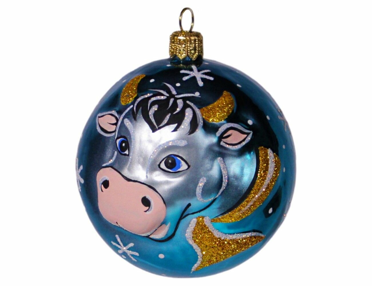 Елочный шар зодиак: БЫК, бирюзовый, 75 мм, Елочка С 1068-бирюзовый