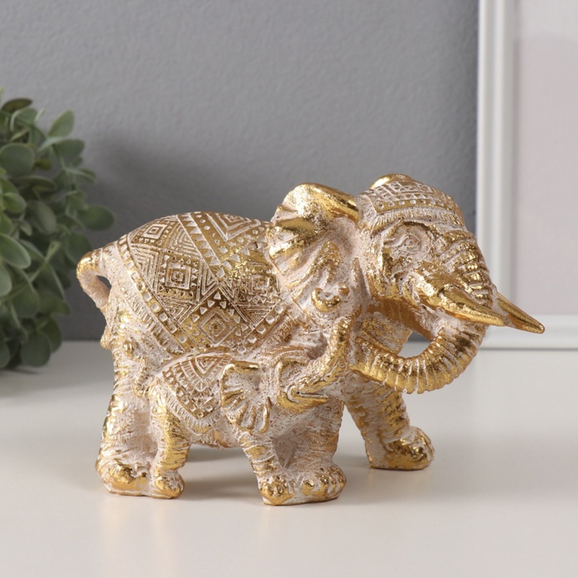Фигурка полистоун «Слон с малышом», узоры золото, 19.5×9×12 см