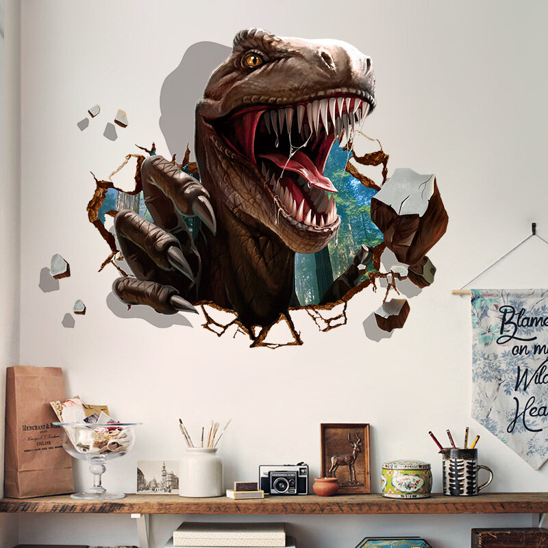 Наклейки на стену 3D с динозаврами, T-Rex Breaking Wall Wallpaper, реалистичные наклейки на стену Юрского периода, самоклеящиеся съемные ПВХ-наклейки для декора детской спальни, гостиной, игровой комнаты, класса.