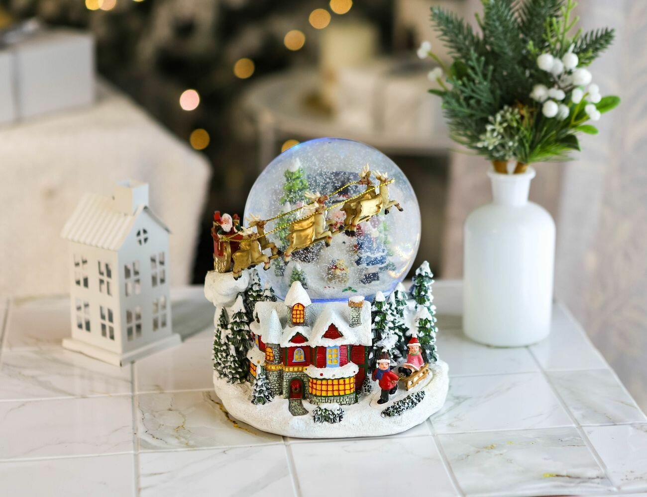 Музыкальный снежный шар встреча эллы С упряжкой санты, полистоун, стекло, с подсветкой, 18 см, батарейки, Sigro 50-2115