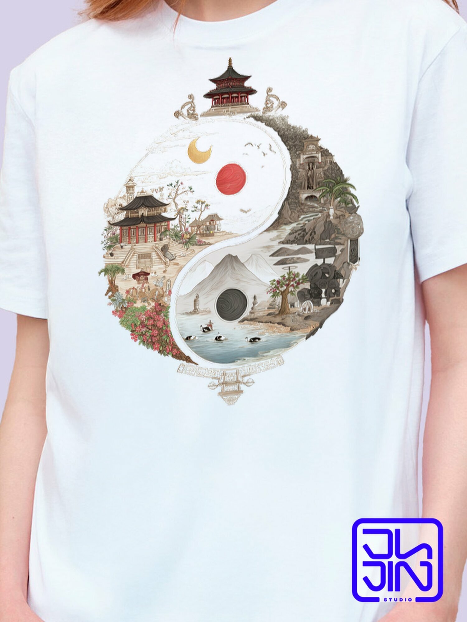Футболка классическая женская с авторским принтом Инь янь этническая черно белая композиция с пагодой, белыми горами и смыслом, белый хлопковый трикотаж с прикольным рисунком на груди