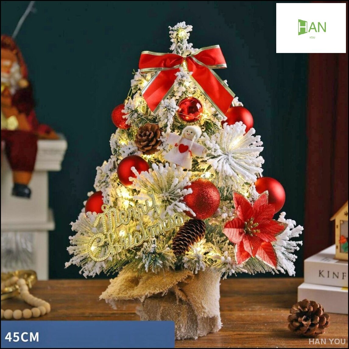 Эксклюзивная искусственная новогодняя ель 45 см, декорированная шарами и красным бантом