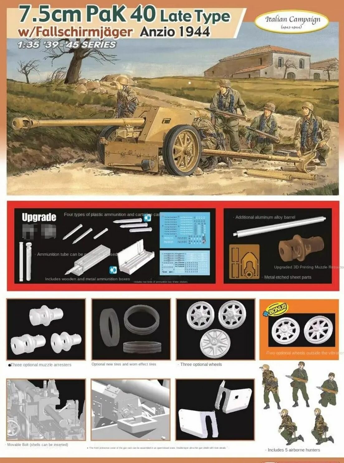 Dragon 6250 1/35 7.5cm PaK 40 Late Type w/Fallschirmjager Anzio 1944, сборная модель пушка набор обновления для диорам и коллекционеров