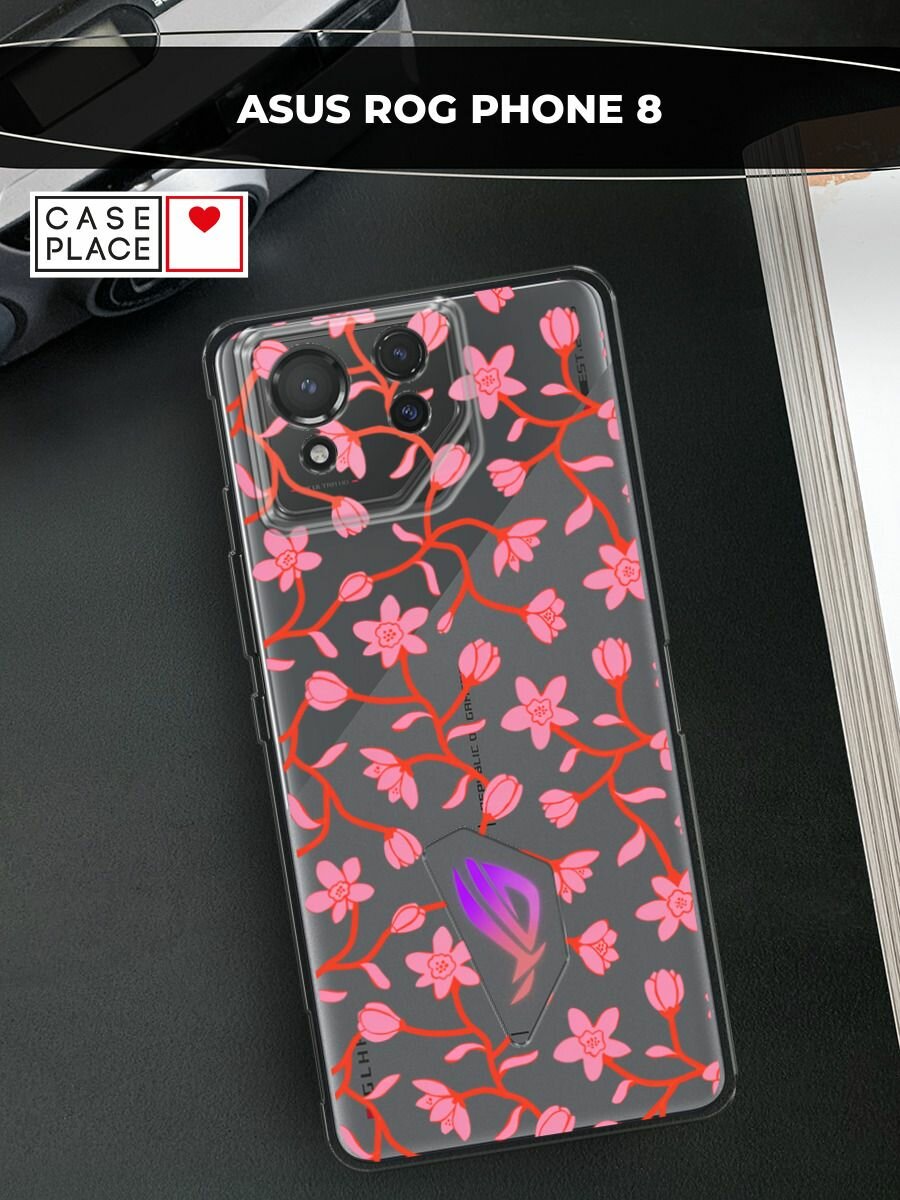 Чехол на Asus ROG Phone 8 / Асус Рог Фон 8 с принтом "Красное переплетение веточек", прозрачный