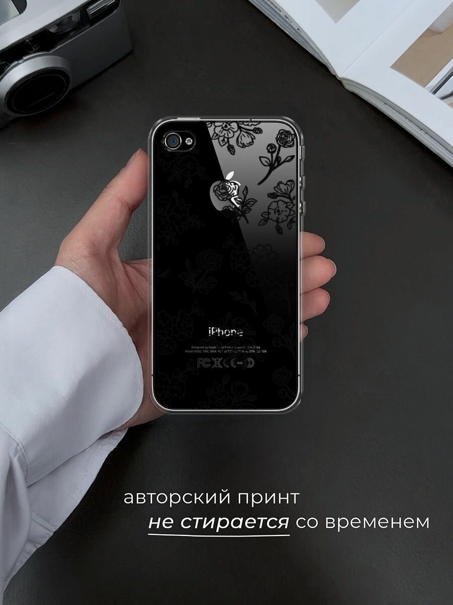 Чехол на Apple iPhone 4/4S / Айфон 4/4S с принтом "Черные розы паттерн", прозрачный — фото 1