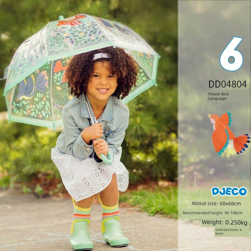 Djeco Детский прозрачный зонт для девочек 2-8 лет - Цветочный аромат Птичьи песни Складной Водонепроницаемый