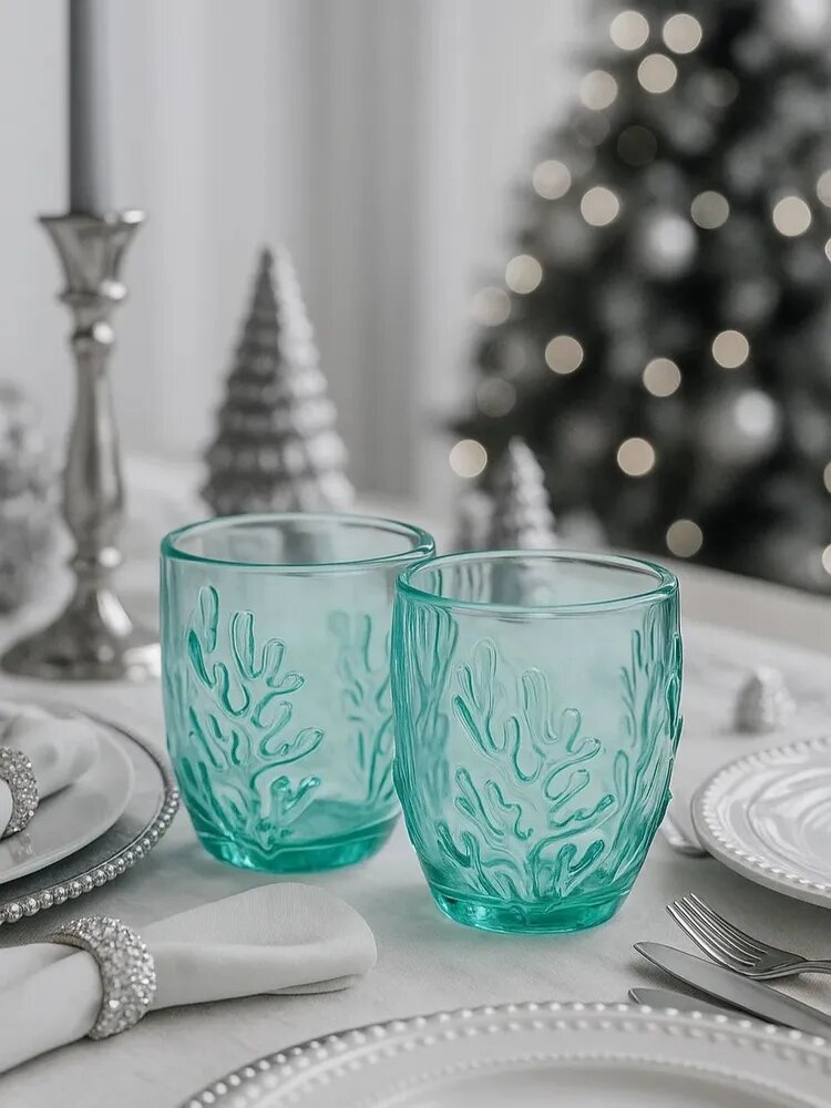 Стаканы подарочный набор, зеленых низких 2 шт, 350 мл, с рисунком "корал". Упрочненное цветное стекло.