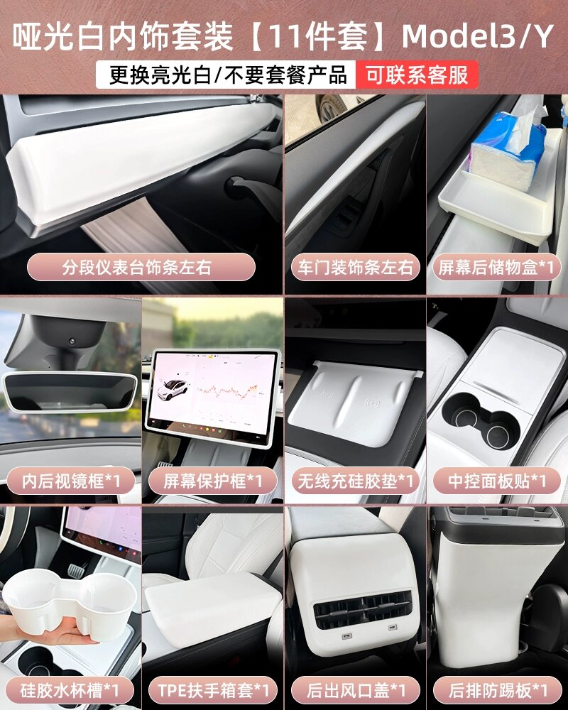 Tesla Model 3/Y Набор из 11 деталей в матовом белом цвете для модели 2024 (ткань, старый стиль 3)