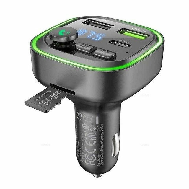 FM-Модулятор Bluetooth + 2 USB выхода на зарядку 3.1 A, Type-C, BC48 подсветка, цвет черный