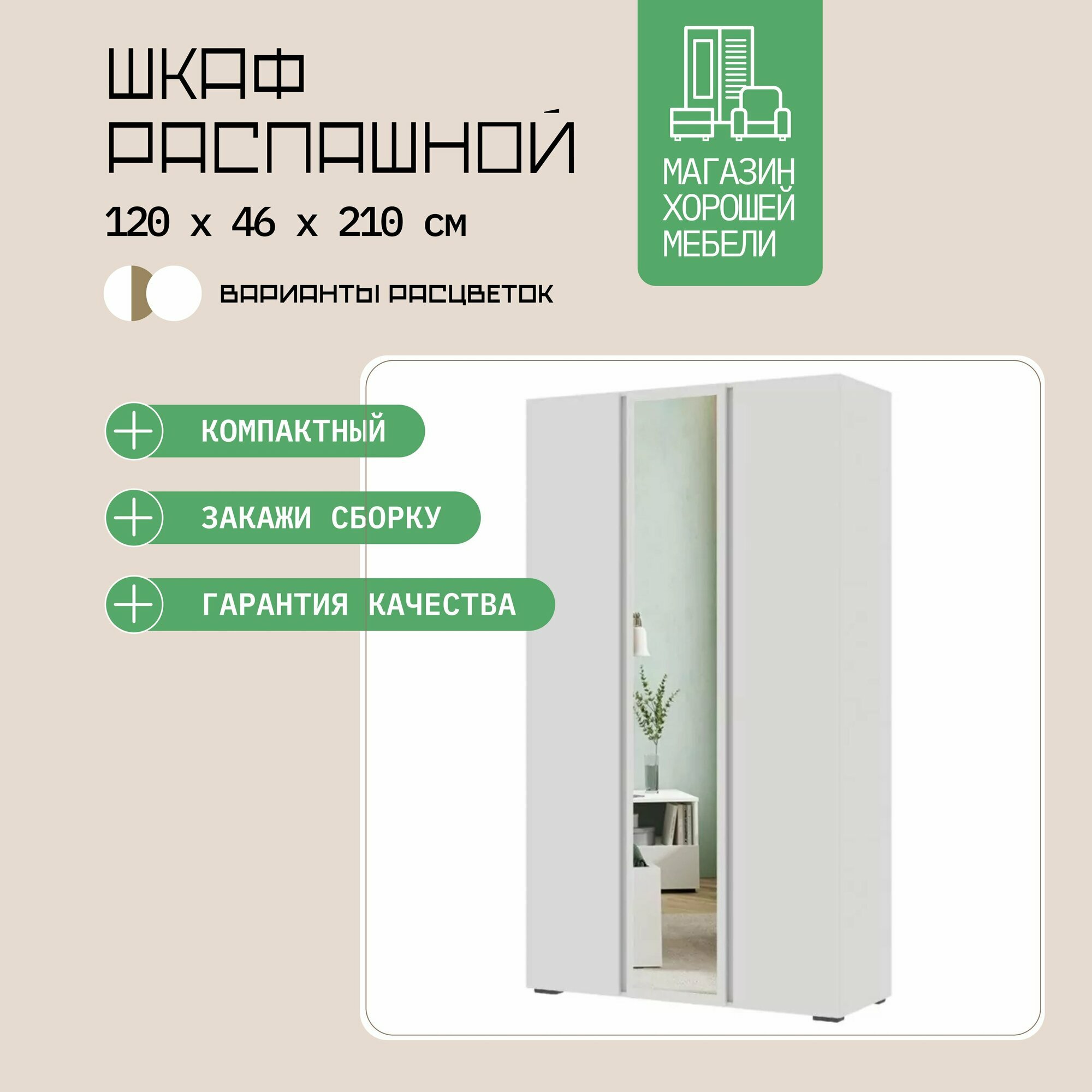 Шкаф распашной с зеркалом для одежды в спальню, вместительный, 120x210x46 см, Хелен ШК 02