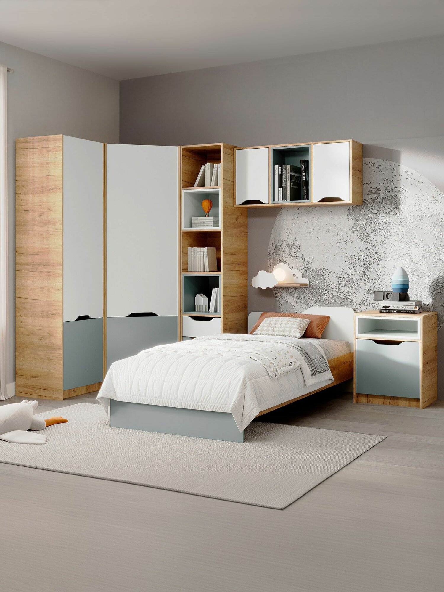 Комплект детской мебели Лео Лайт кровать, шкаф, стеллаж, тумба, настенная полка, 275.4х203.2х201.1 см, Дуб Крафт золотой / Сумеречный голубой / Пастельный зеленый