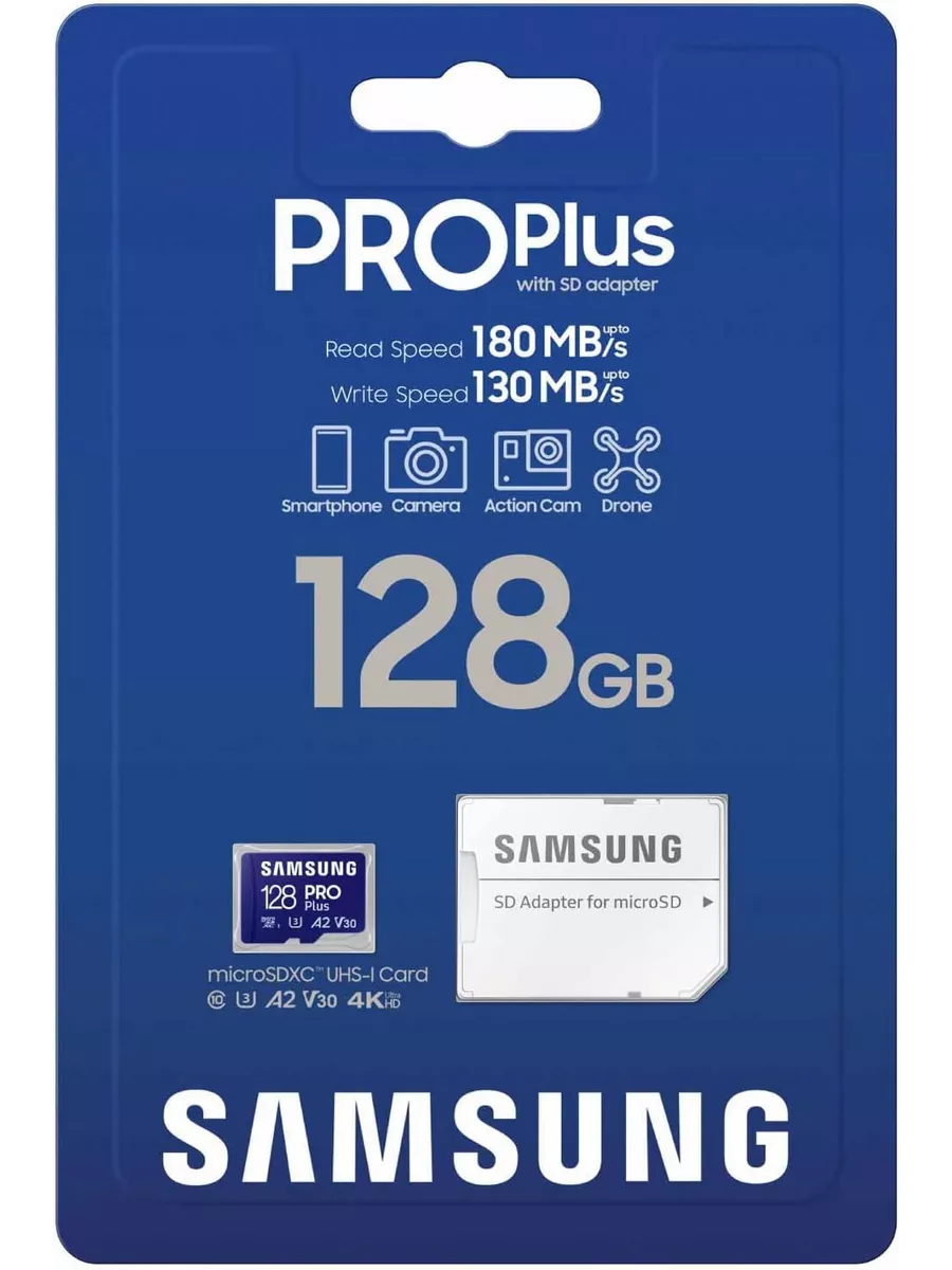 Карта памяти SAMSUNG 128GB TF MicroSD, 4K High-Speed, U3A2V30, Read Speed 180MB/s, for Consoles, Drones, Action Cameras, PRO Plus