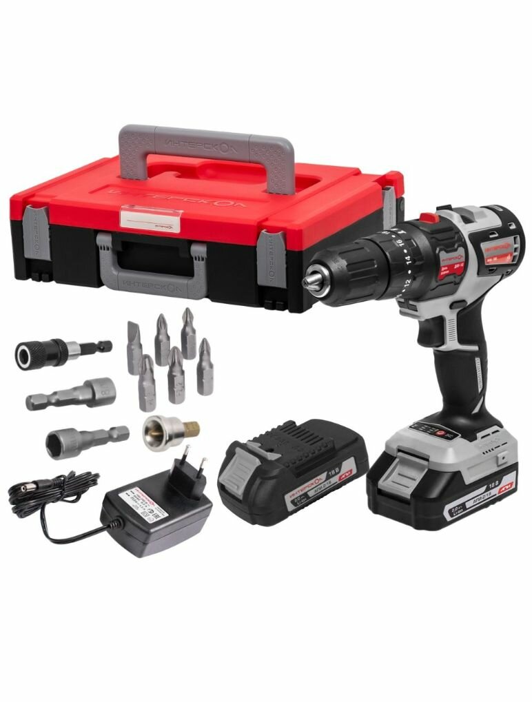 Дрель-шуруповерт аккумуляторная ИНТЕРСКОЛ ДА-13/18В 38 ударная (бесщеточная, МБ100, 2 аккум, ЗУ) 755.2.2.44