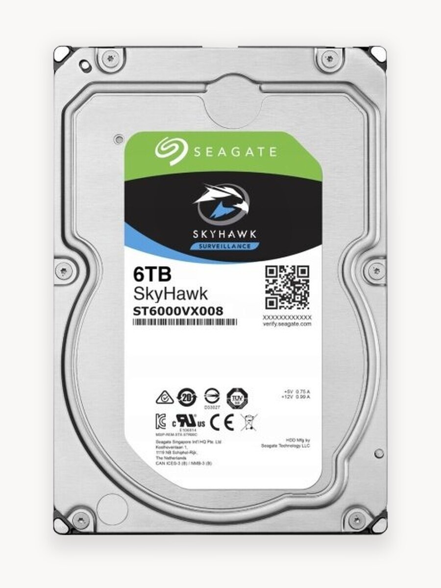 Жесткий диск 3.5" Seagate Skyhawk 6 ТБ , SATA III, 256 Mb, 5400rpm CMR (ST6000VX008)