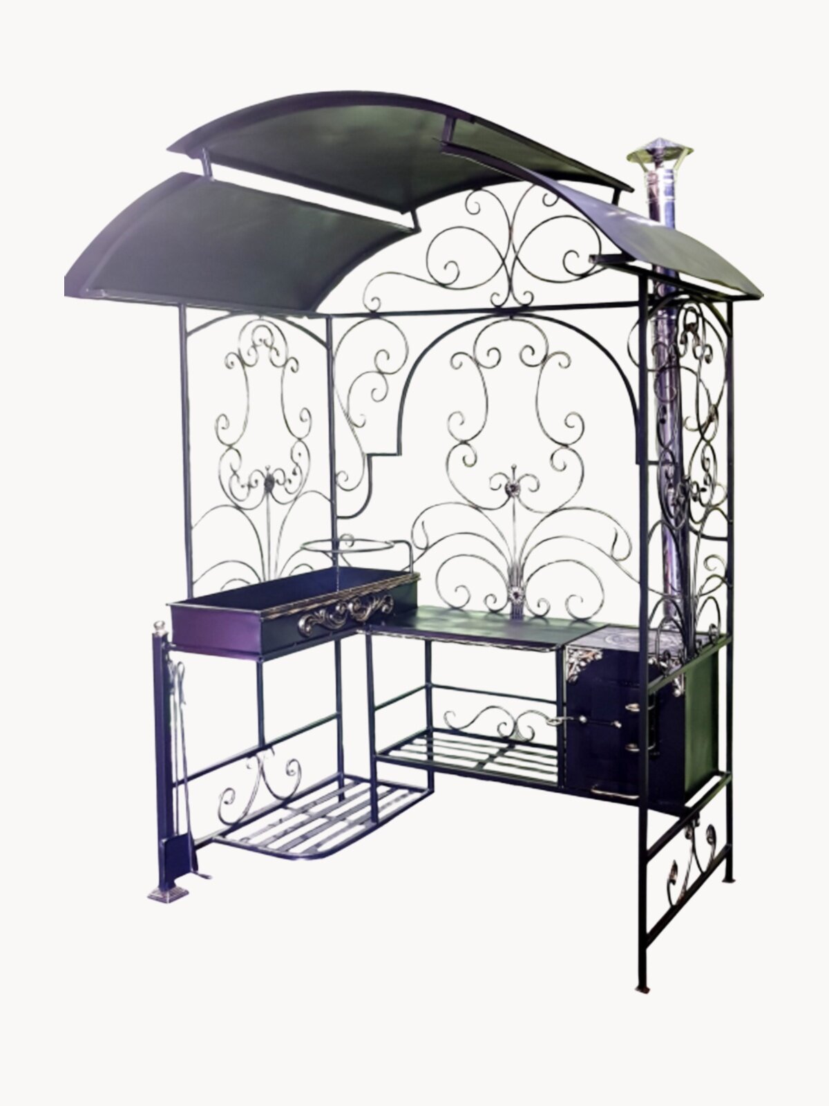 Мангал "Элит Б", стационарный, с печью, дымоходом и крышей, металл, черный