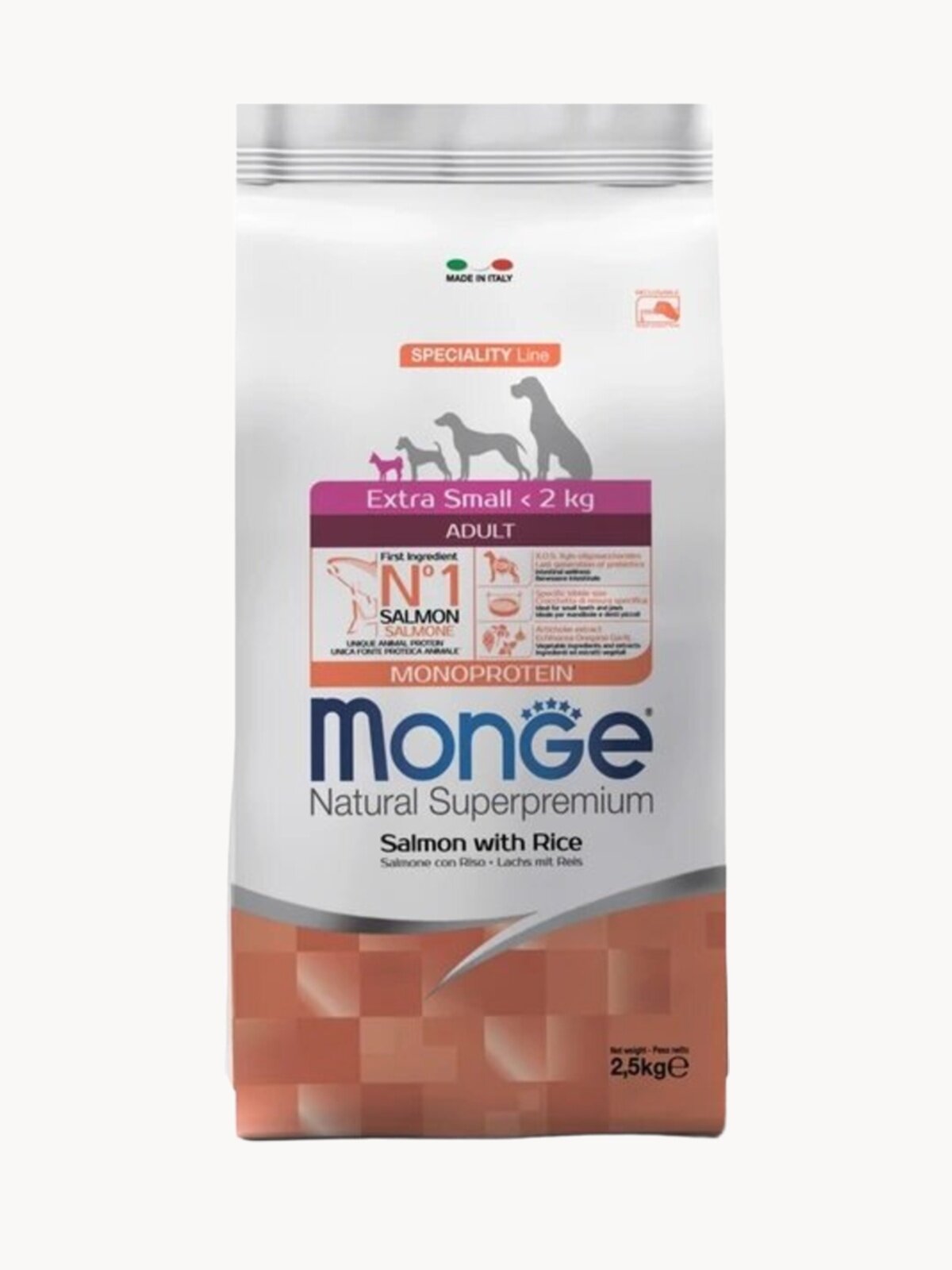 Корм для собак Monge Speciality Extra Small, (для карликовых пород) при аллергии, Лосось с рисом 1 уп. х 1 шт. х 2.5 кг