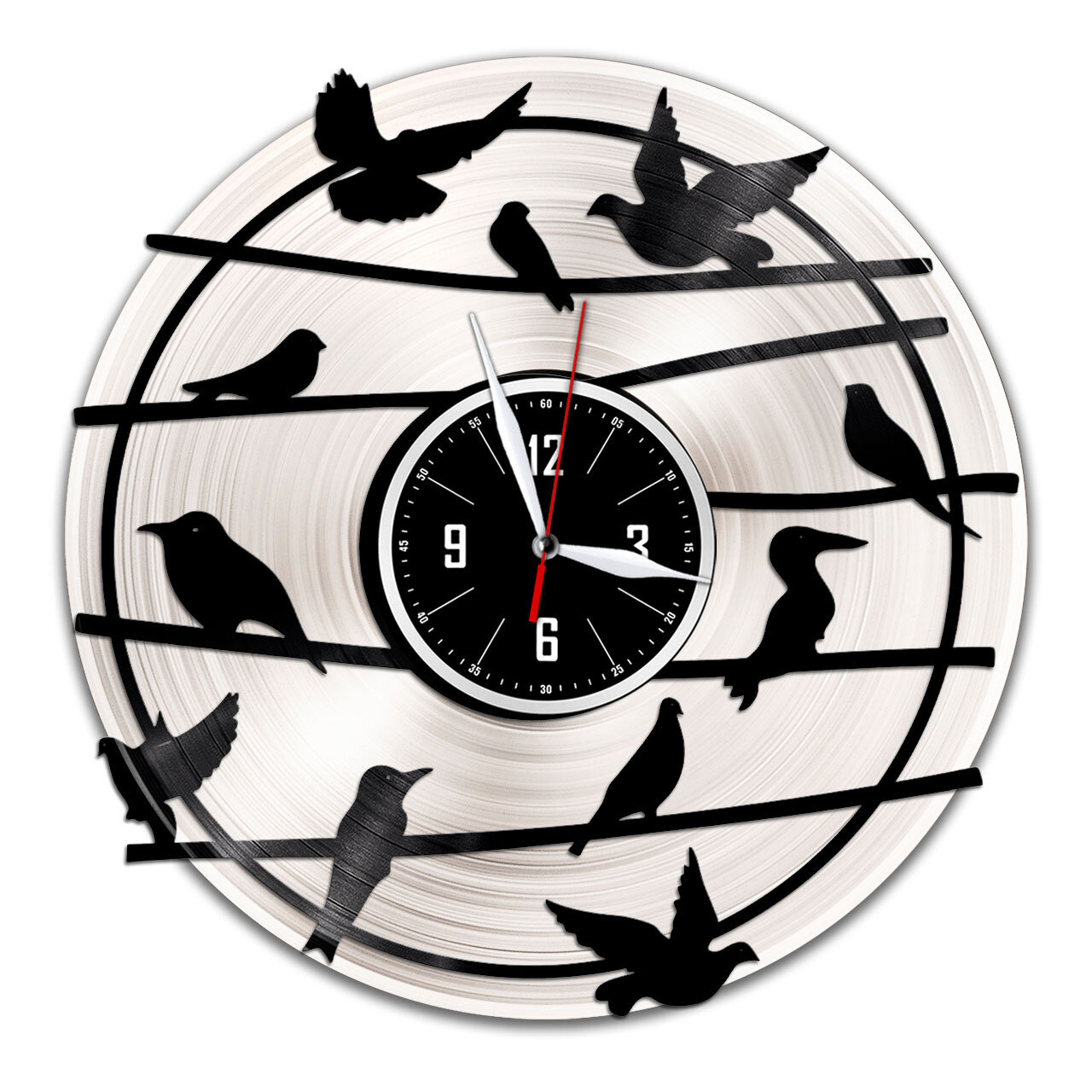 Птицы - настенные часы из виниловой пластинки (с серебряной подложкой)