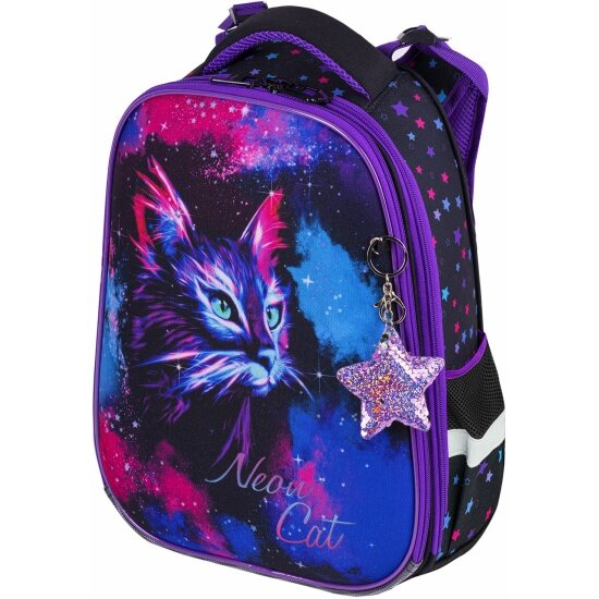 Ранец Brauberg PREMIUM, 2 отделения, с брелком, "Neon cat", 38х29х16 см, 271352